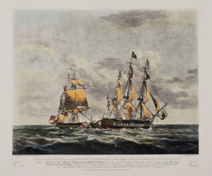 Artwork depicting the battle between USS Constitution and HMS Java ...